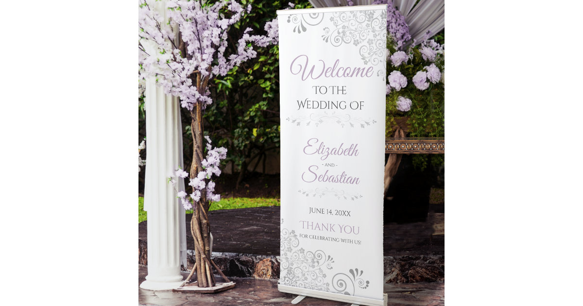 Elegant Silver Lace Lavender White Wedding Welcome Retractable Banner ...