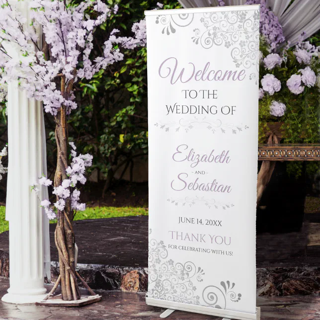 Elegant Silver Lace Lavender White Wedding Welcome Retractable Banner ...