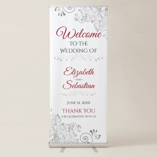 Elegant Silver Lace Red & White Wedding Welcome Retractable Banner | Zazzle