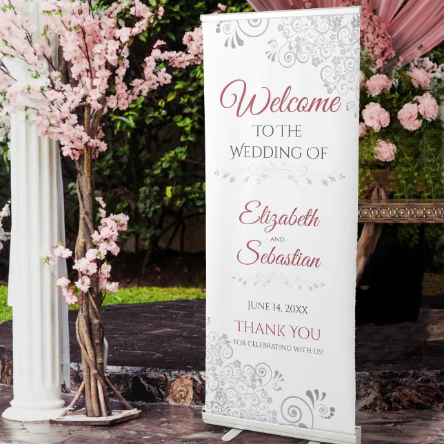 Elegant Silver Lace Red & White Wedding Welcome Retractable Banner | Zazzle