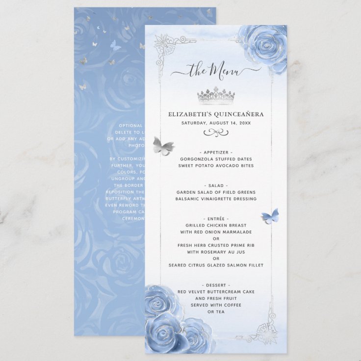 Elegant Silver Light Blue Roses Watercolor Floral Menu | Zazzle