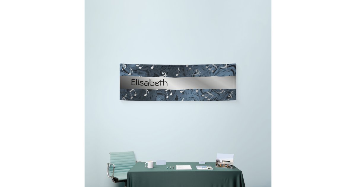 elegant silver music notes in blue banner | Zazzle