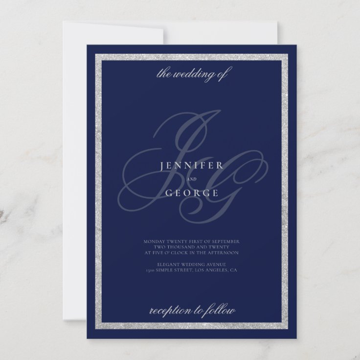Elegant silver navy blue monogram initals wedding invitation | Zazzle