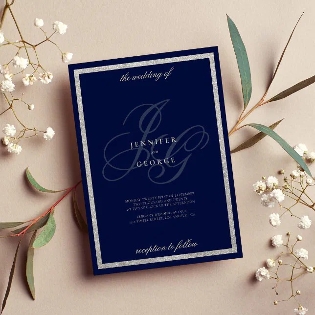 Elegant silver navy blue monogram initals wedding invitation | Zazzle