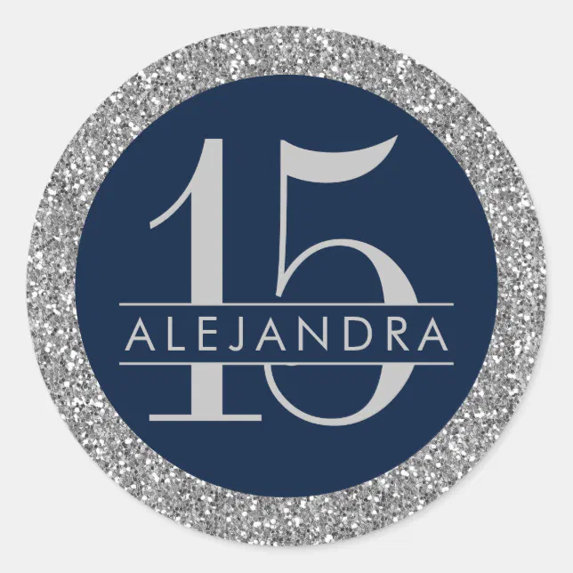 Elegant Silver Navy Quinceanera 15th Birthday Classic Round Sticker ...