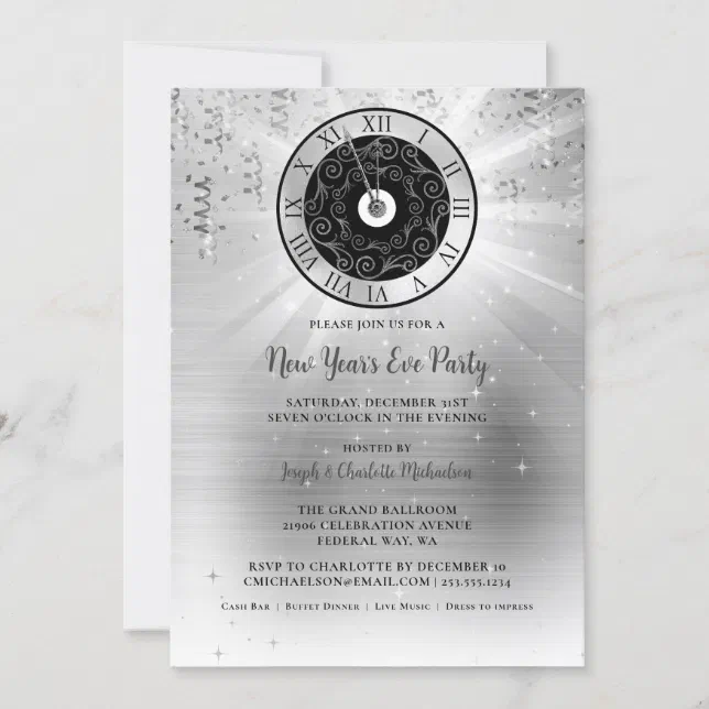 Elegant Silver New Years Eve Party Invitation | Zazzle