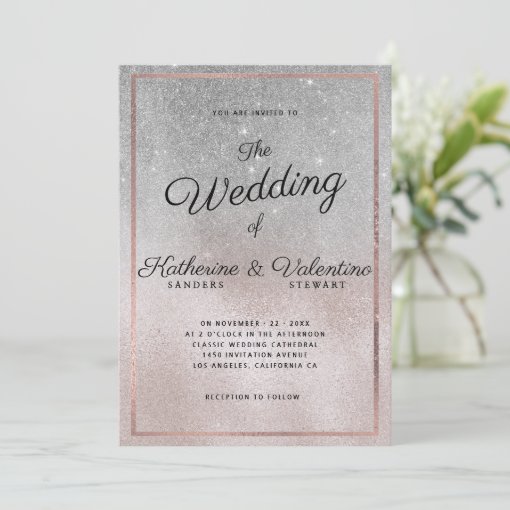 Elegant silver pink glitter gradient photo wedding invitation | Zazzle