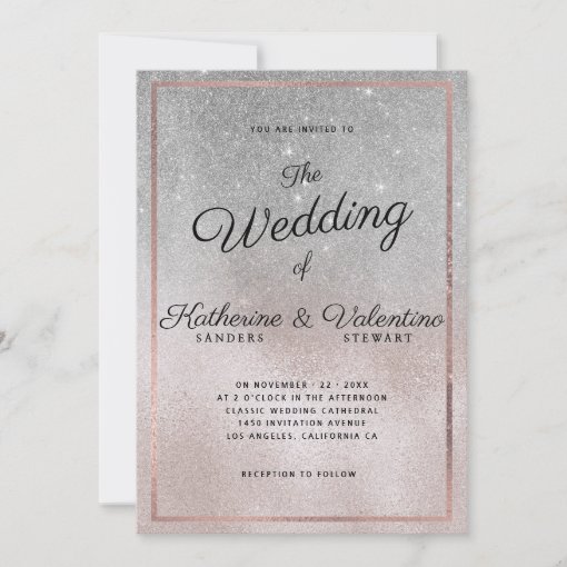 Elegant silver pink glitter gradient photo wedding invitation | Zazzle