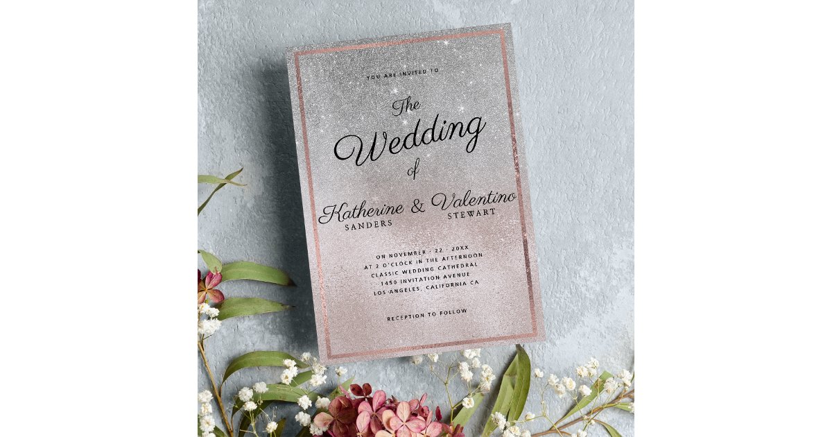 Elegant silver pink glitter gradient photo wedding invitation | Zazzle