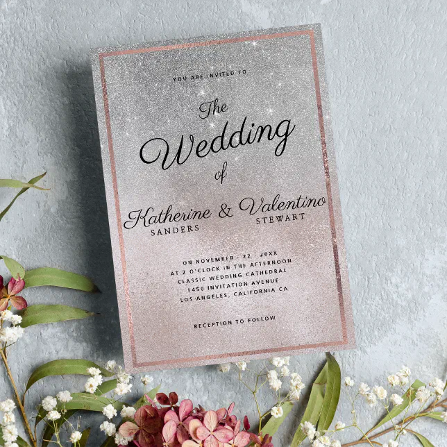 Elegant silver pink glitter gradient photo wedding invitation | Zazzle