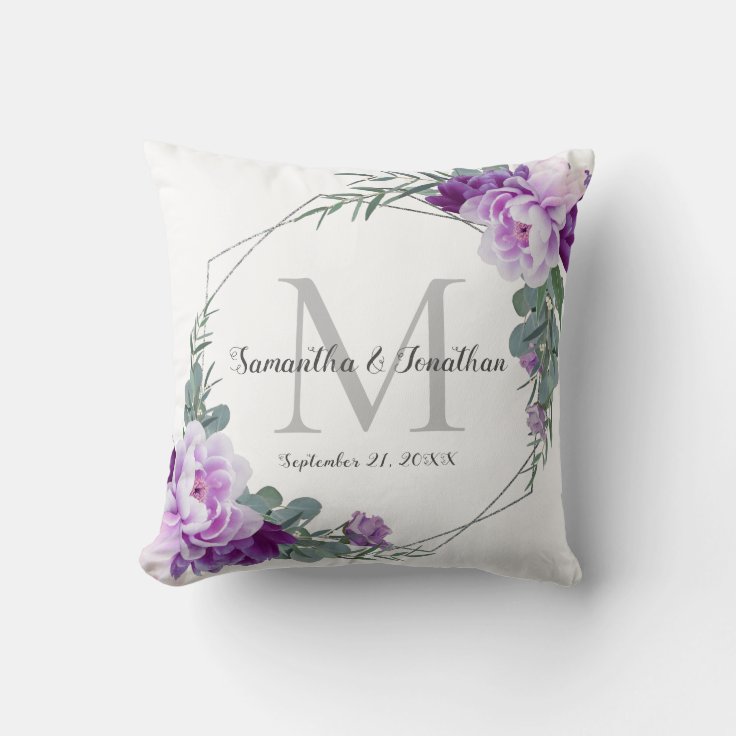 Elegant Silver Purple Floral Wedding Throw Pillow | Zazzle