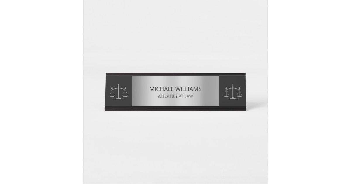 Elegant Silver Scales of Justice Typography Lawyer Desk Name Plate | Zazzle