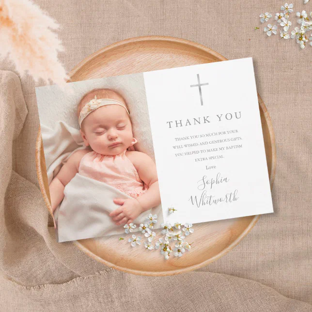 Elegant Silver Script Baptism Christening Photo Thank You Card | Zazzle