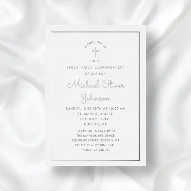 Elegant Silver Script First Communion Foil Invitation | Zazzle