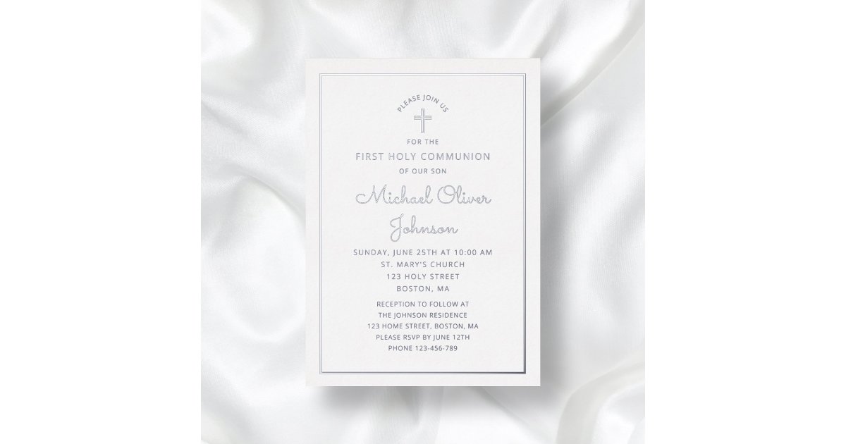Elegant Silver Script First Communion Foil Invitation | Zazzle