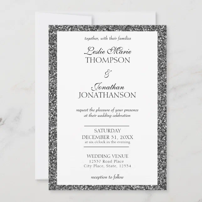 Elegant Silver Sparkle Modern Wedding Invitation | Zazzle