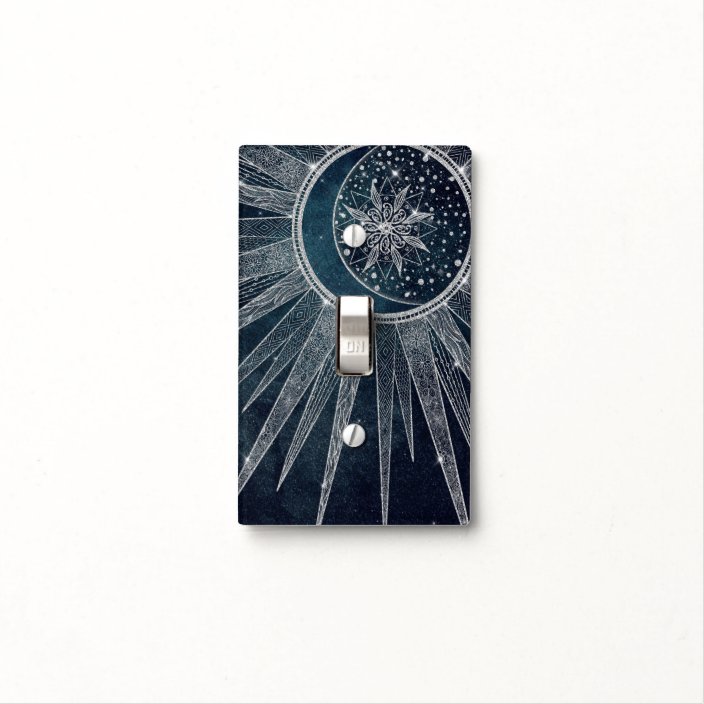 Elegant Silver Sun Moon Doodle Mandala Blue Design Light Switch Cover ...