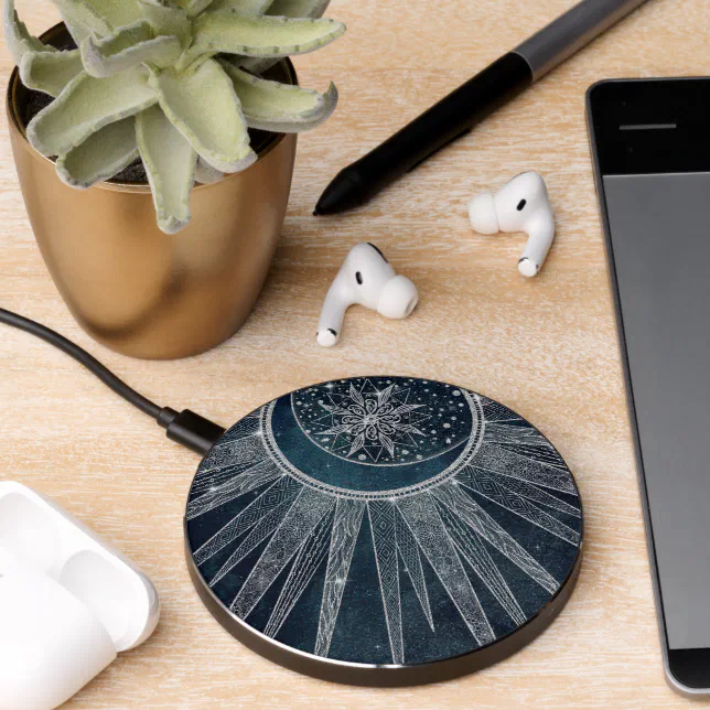 Elegant Silver Sun Moon Doodle Mandala Blue Design Wireless Charger ...