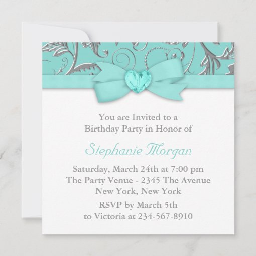Elegant Silver Teal Blue Birthday Party Invitation | Zazzle