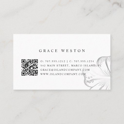 Elegant Silver Tropical Hibiscus Flower QR Code Business Card | Zazzle