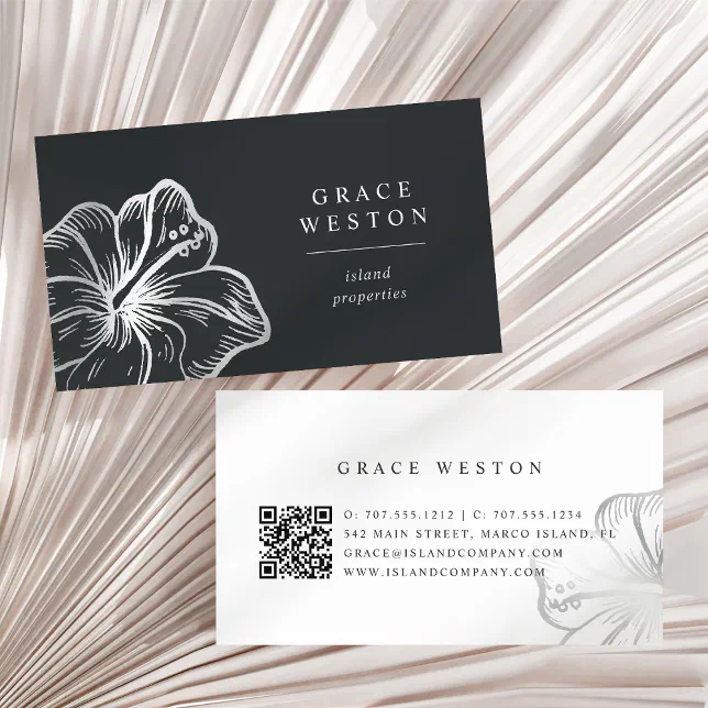 Elegant Silver Tropical Hibiscus Flower QR Code Business Card | Zazzle
