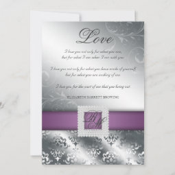 Elegant Silver Wedding Damask Jewels Purple Invitation | Zazzle