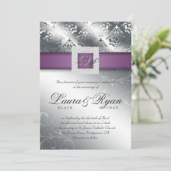 Elegant Silver Wedding Damask Jewels Purple Invitation | Zazzle