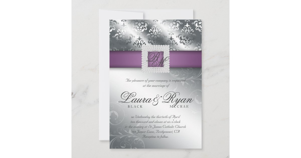 Elegant Silver Wedding Damask Jewels Purple Invitation | Zazzle