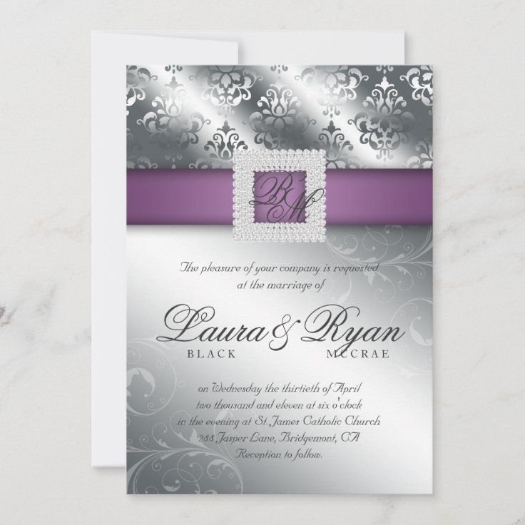 Elegant Silver Wedding Damask Jewels Purple Invitation | Zazzle