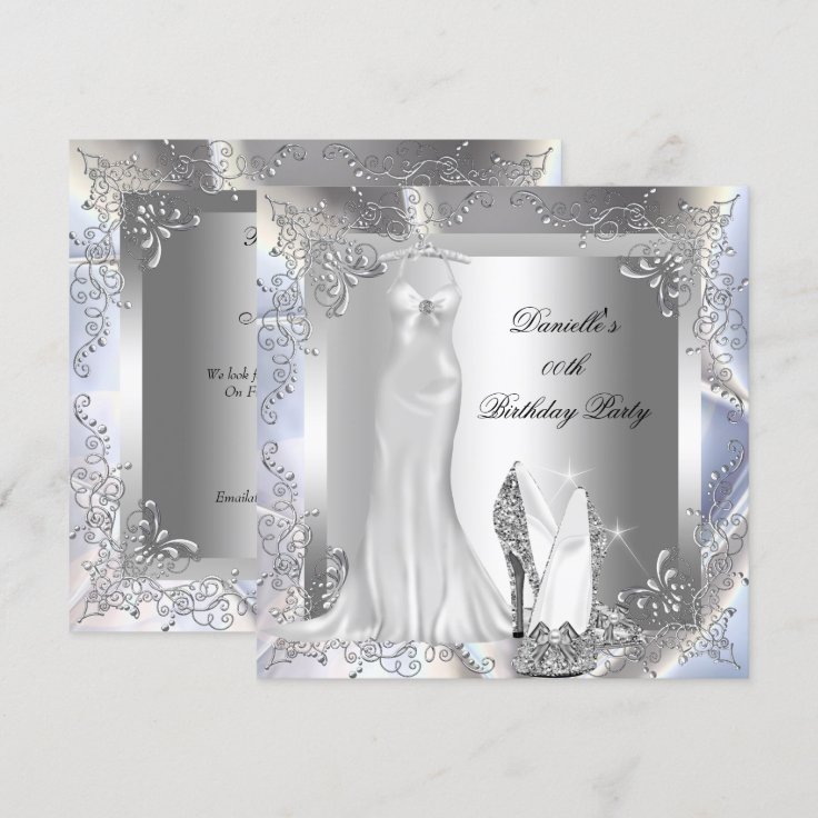 Elegant Silver White High Heel Shoe Birthday Party Invitation | Zazzle