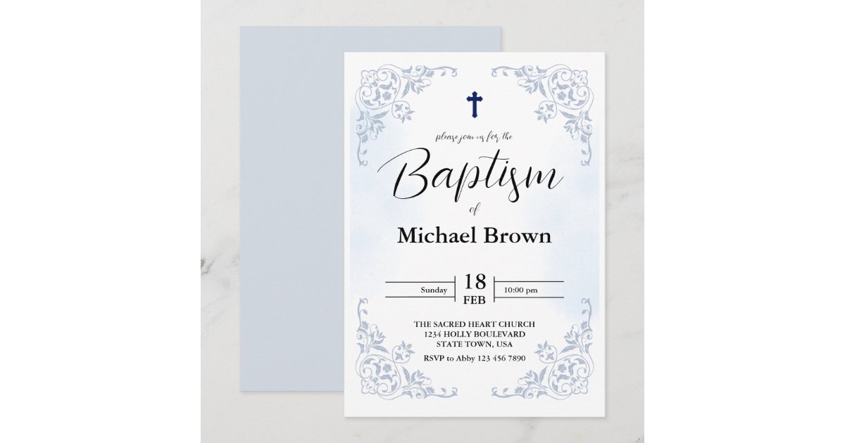 Elegant Simple Blue Catholic Baptism Cross Invitation | Zazzle