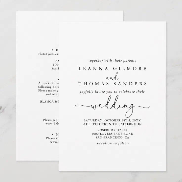Elegant Simple Calligraphy Front & Back Wedding Invitation | Zazzle