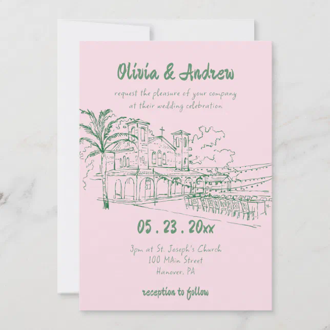 Elegant Simple Catholic Hand Drawn Church Wedding Invitation | Zazzle