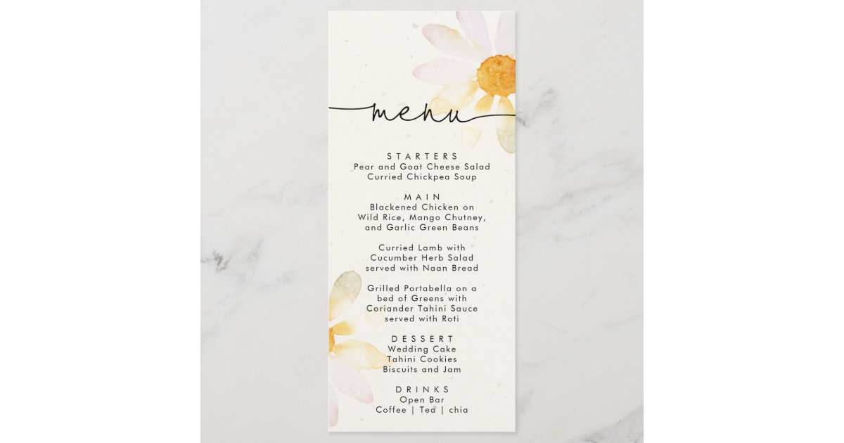 Elegant simple flower watercolor wedding menu | Zazzle