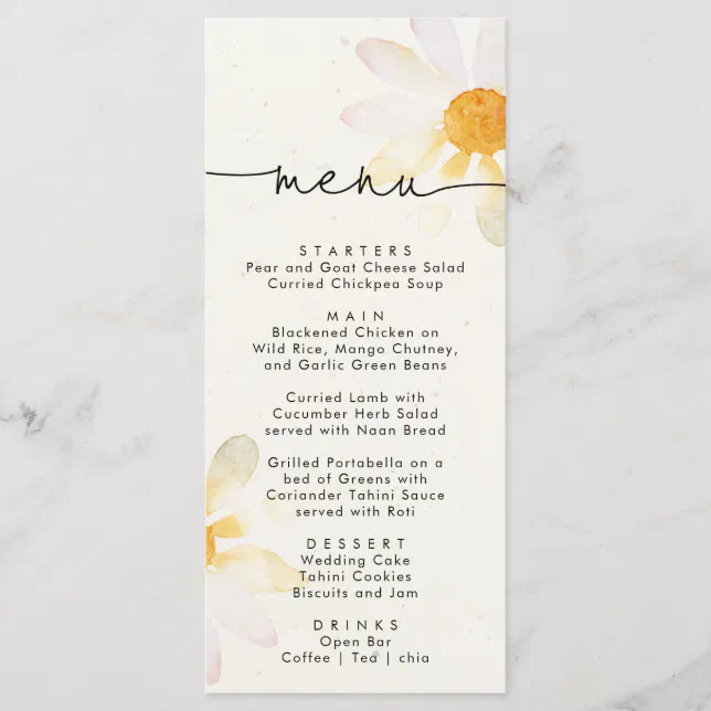 Elegant simple flower watercolor wedding menu | Zazzle