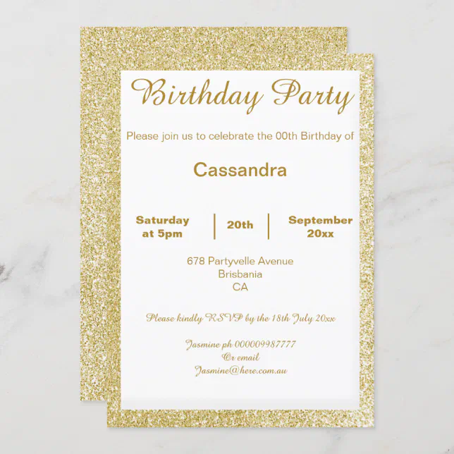 ELEGANT SIMPLE GOLD AND WHITE GLITTER BIRTHDAY INVITATION | Zazzle