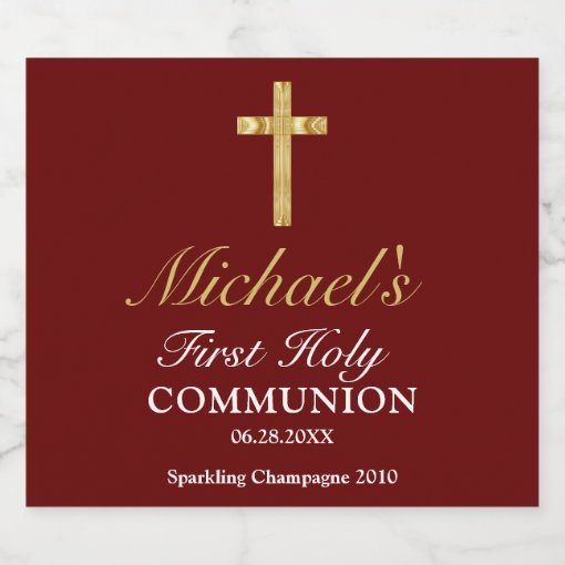 Elegant Simple Gold Red Cross First Communion Sparkling Wine Label | Zazzle