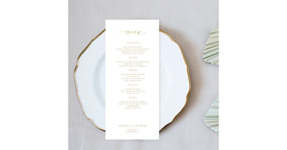 Elegant simple gold typography wedding menu | Zazzle