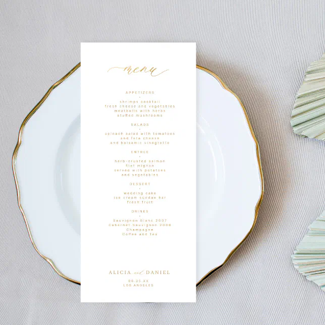 Elegant simple gold typography wedding menu | Zazzle