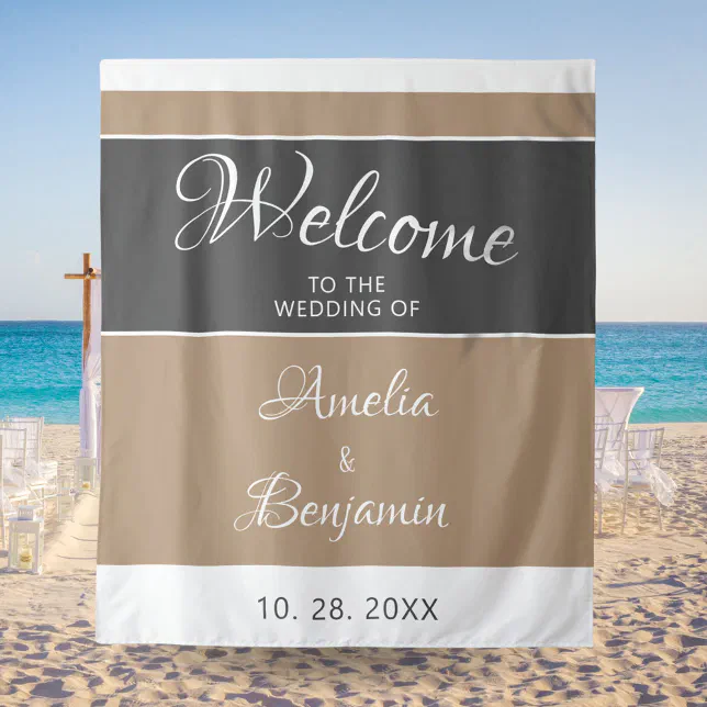 Elegant Simple Gray Beige Script Wedding Welcome Tapestry | Zazzle