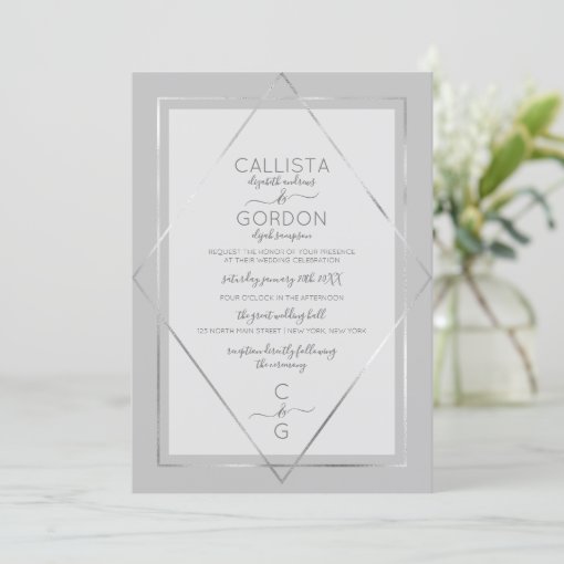 Elegant Simple Gray Silver Geo Border Wedding Invitation | Zazzle