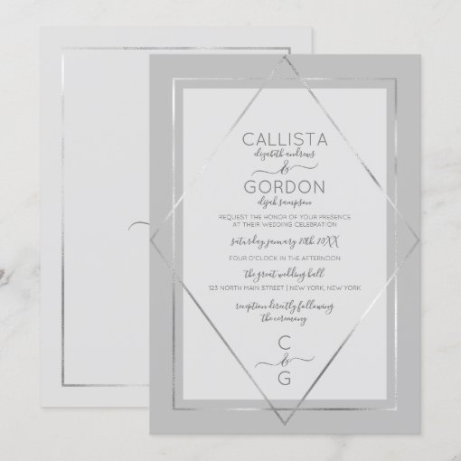 Elegant Simple Gray Silver Geo Border Wedding Invitation | Zazzle