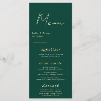 Elegant Simple Green Gold Luxury Modern Wedding Menu | Zazzle