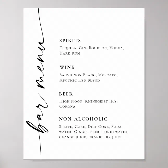 Elegant Simple Minimalist Bar Menu Wedding Poster | Zazzle