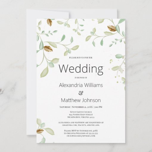 Elegant simple mint green gold foliage Wedding Invitation | Zazzle