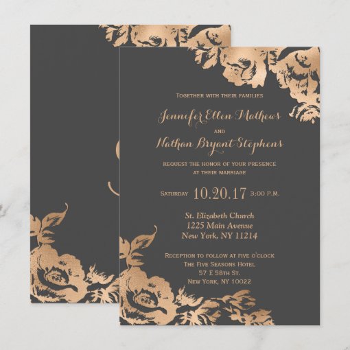 Elegant Simple Modern Gold Gray Floral Wedding Invitation | Zazzle