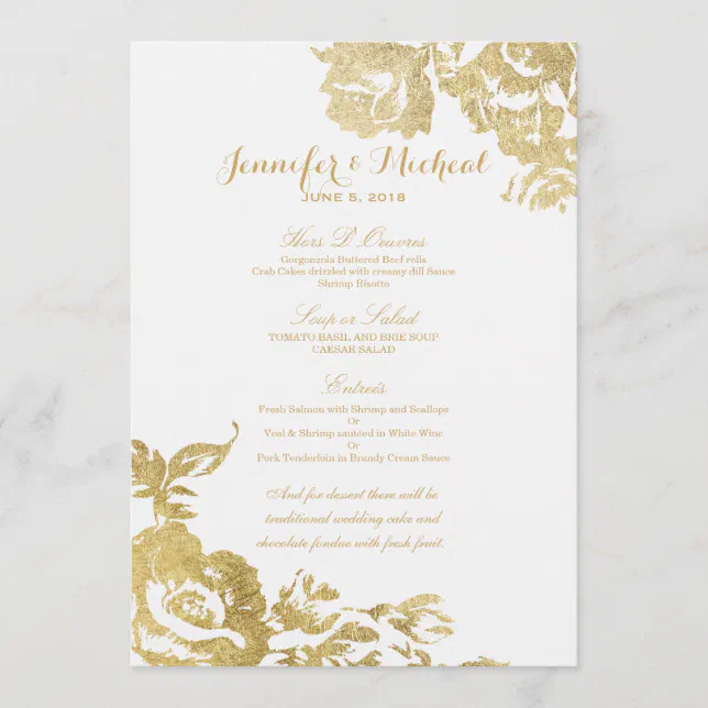 Elegant Simple Modern Rose Floral Gold Menu | Zazzle