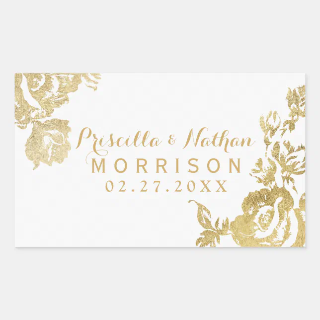 Elegant Simple Modern Rose Floral Gold Wedding Rectangular Sticker | Zazzle