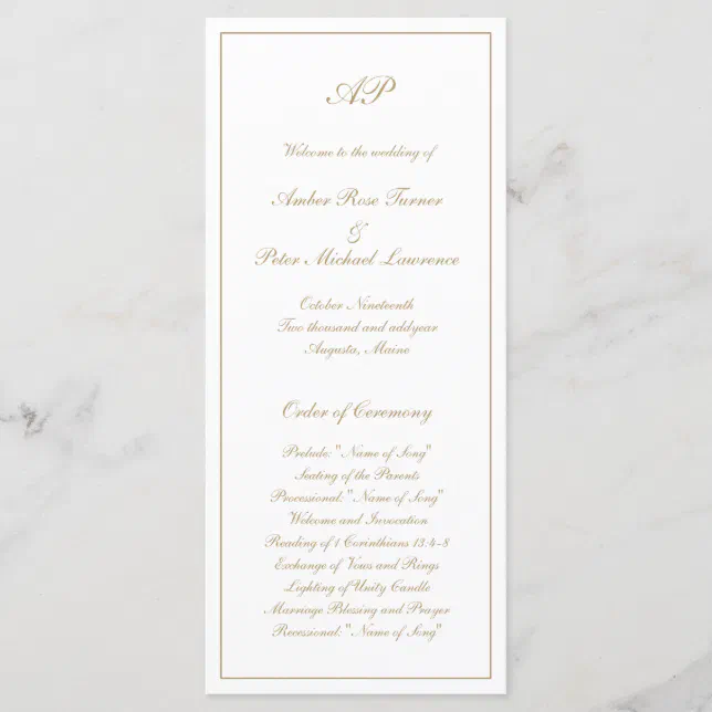 Elegant Simple Monogram Formal Gold Wedding Program | Zazzle