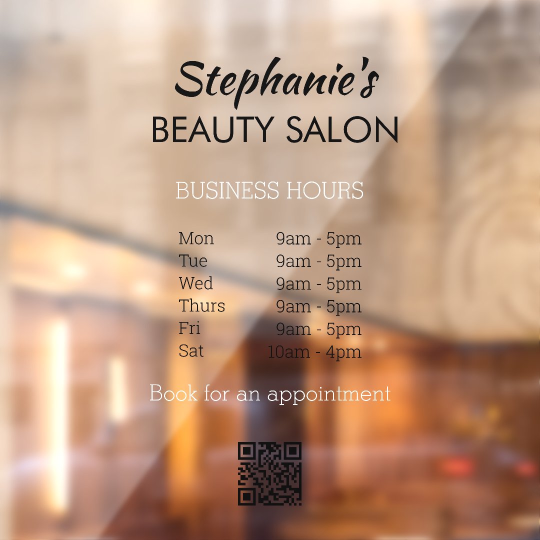 Elegant Simple Opening Hrs Beauty Salon QR Code Window Cling | Zazzle